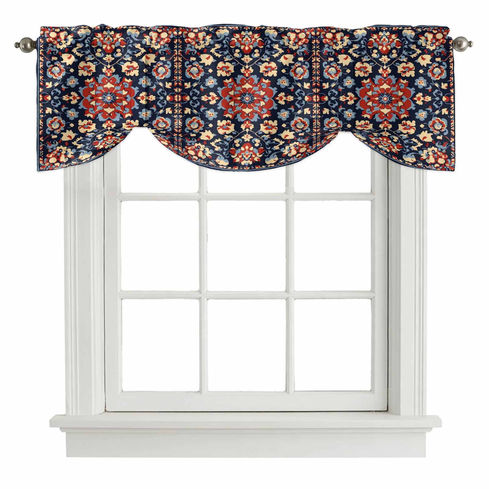 Blue Red Boho Retro Geometric Tie Up Valance Curtains Ethnic Abstract ...