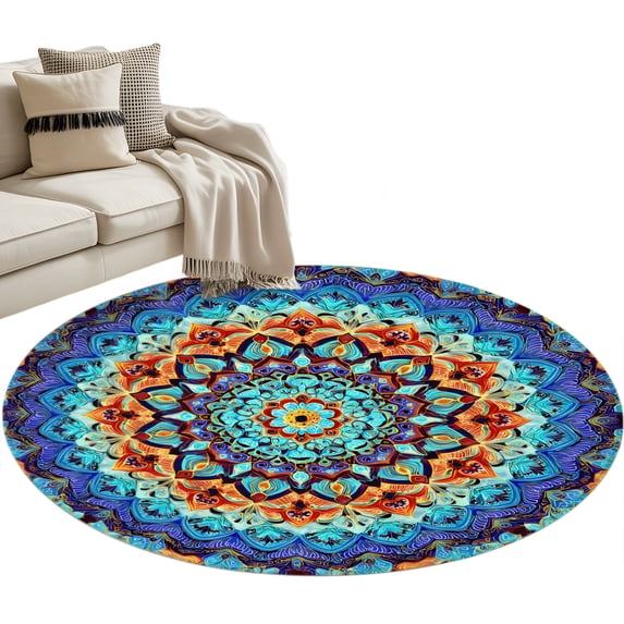 Blue Red Boho Round Rug 3ft Washable Circle Entryway Rugs Non Slip ...