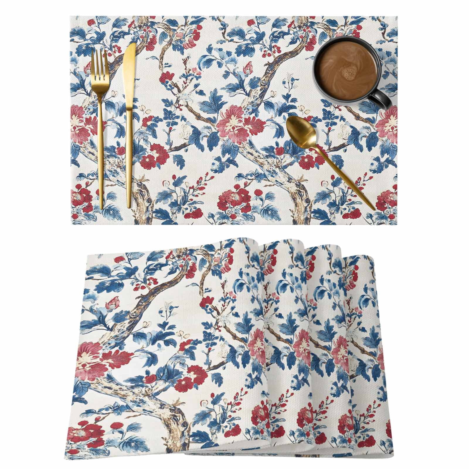 Blue Red Botanical Placemats Set of 4 Summer Watercolor Flower Branch ...
