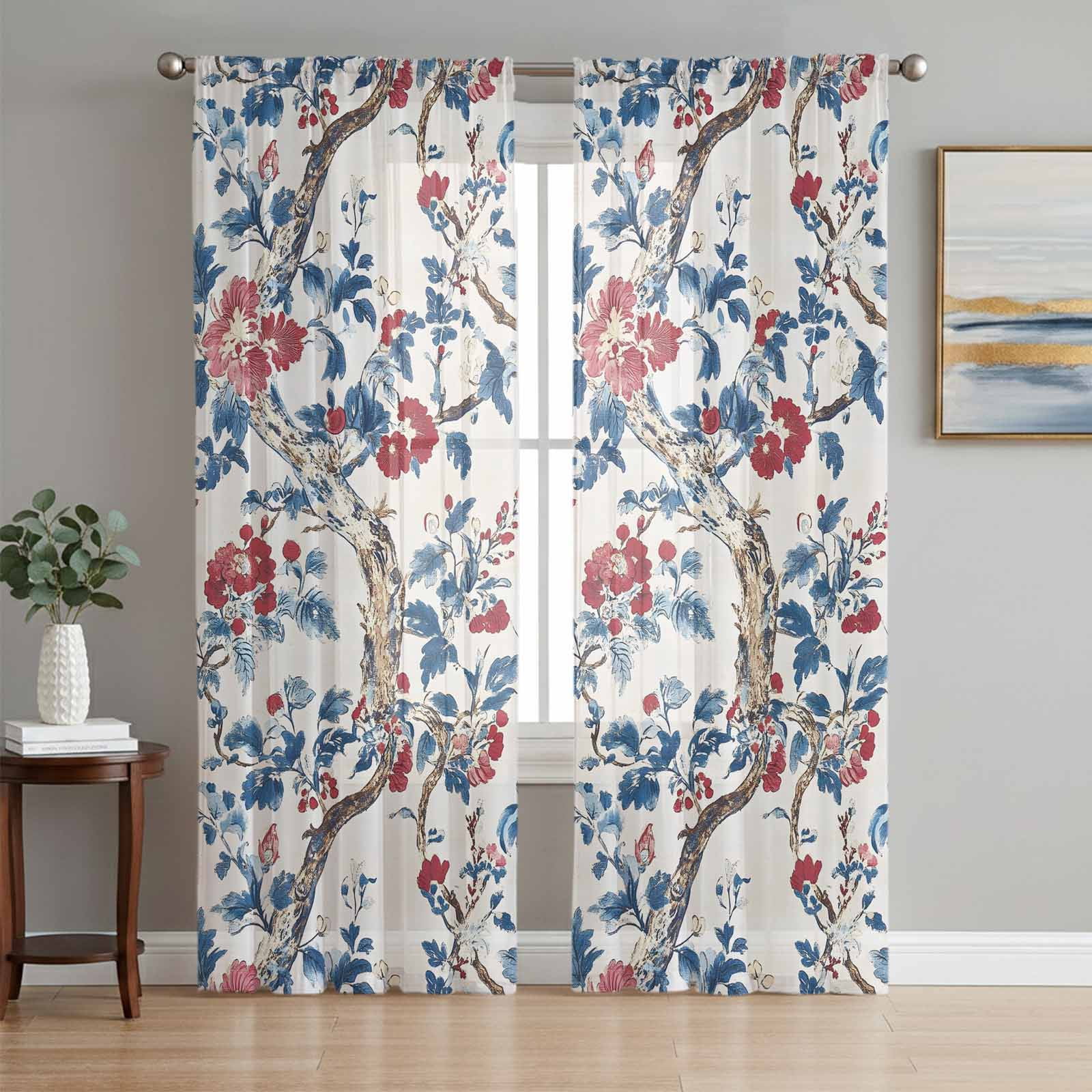 Blue Red Botanical Sheer Curtains 84 Inch Length 2 Panels Set, Summer ...