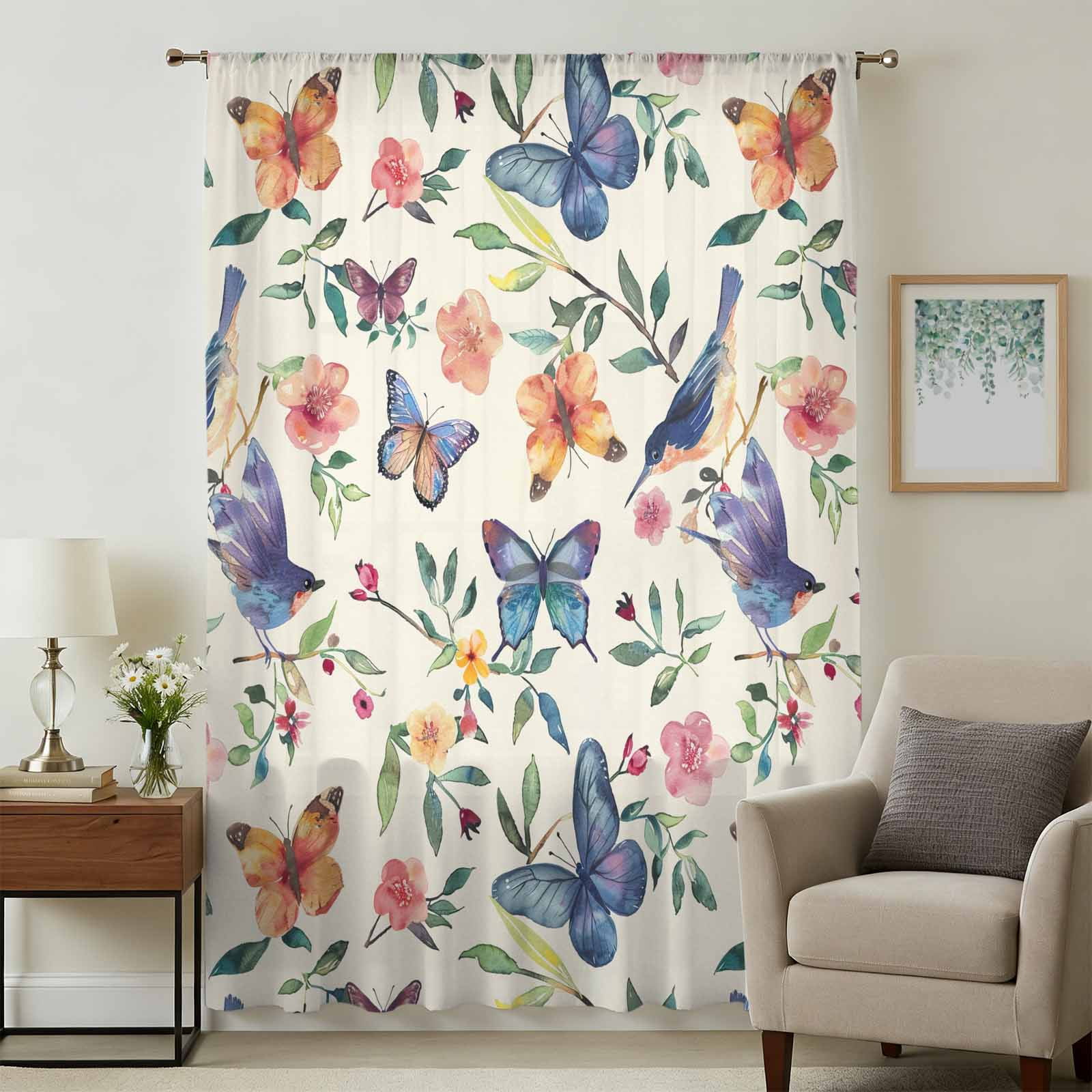 Blue Red Botanical Sheer Curtains 84 Inches Long, Butterfly Birds ...