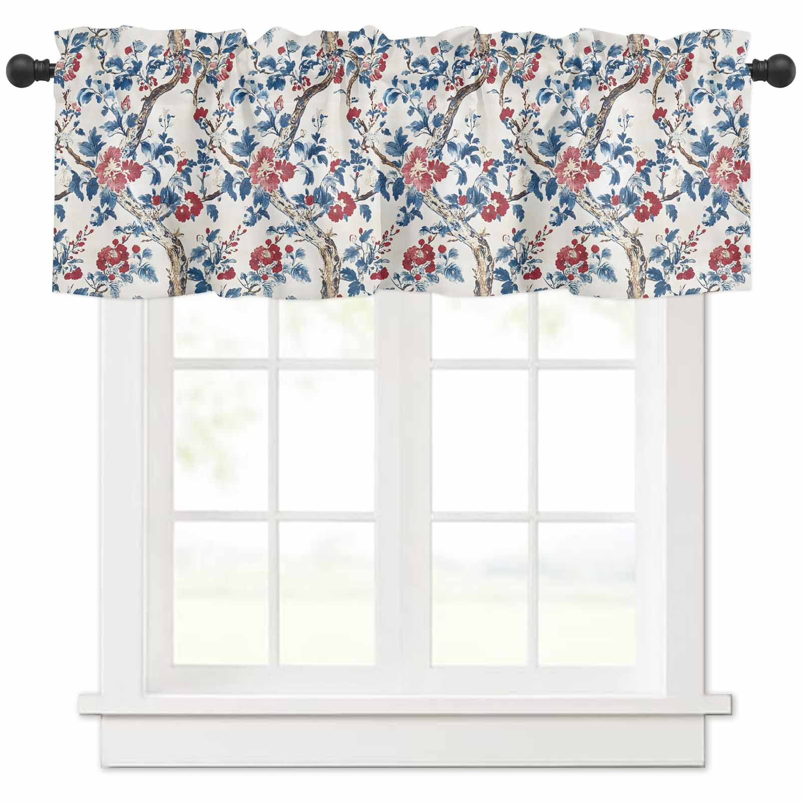 Blue Red Botanical Valances for Windows Farmhouse Kitchen Curtains ...