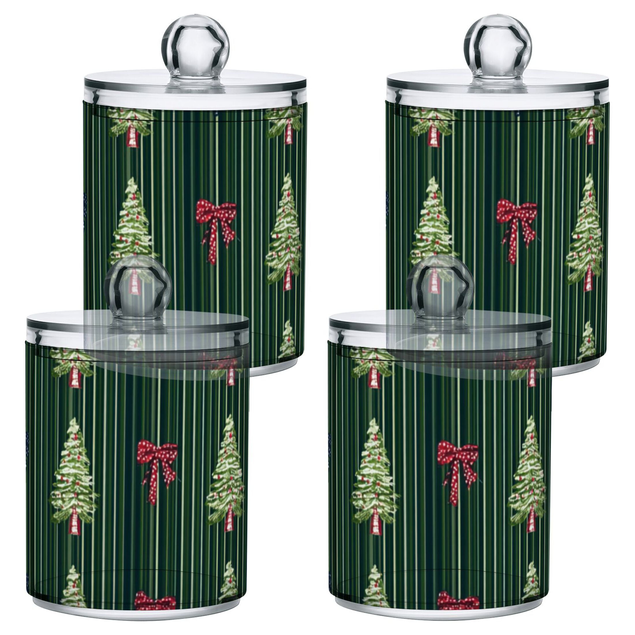 Blue Red Bows Christmas Trees Green Stripes Translucent Plastic Cans ...