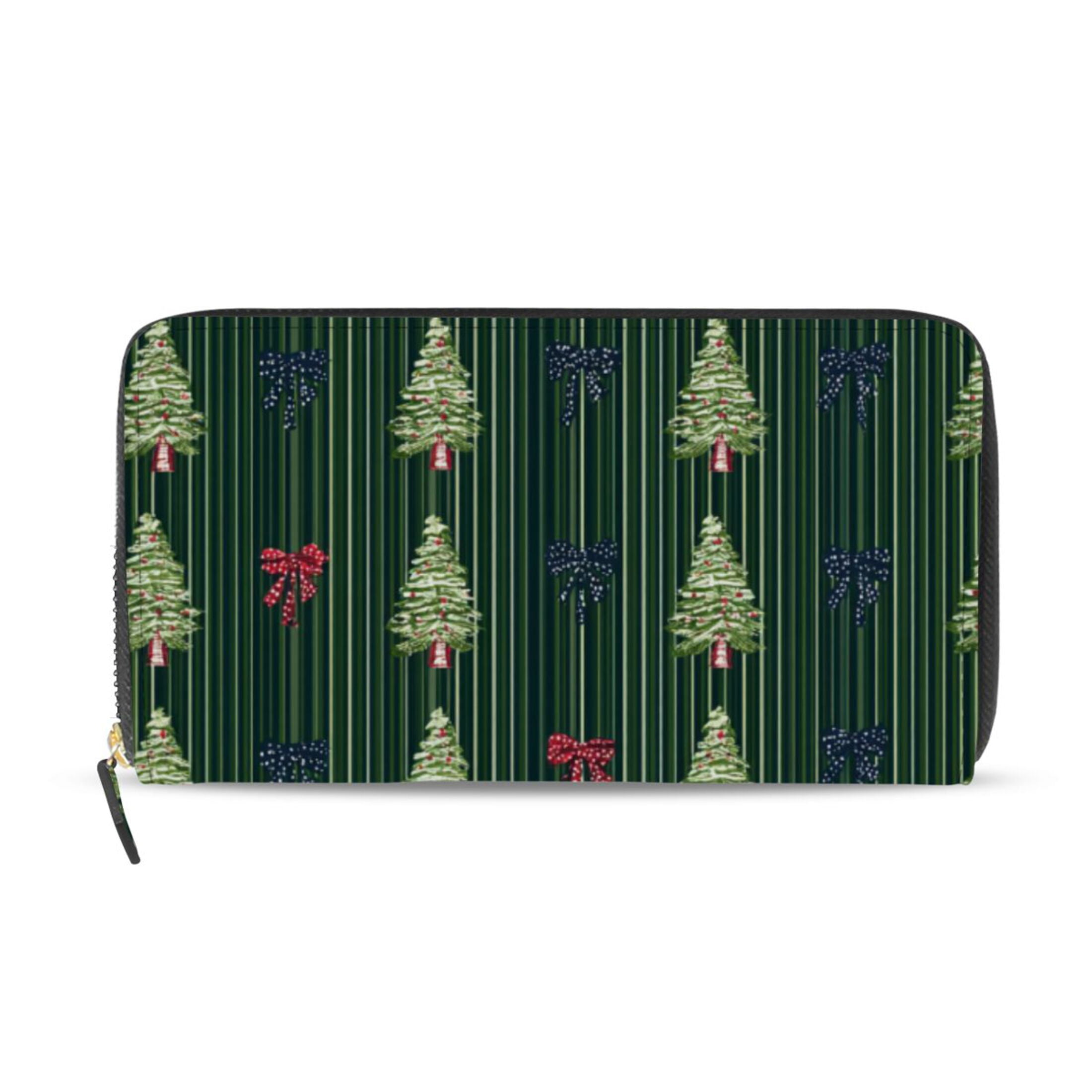 Blue Red Bows Christmas Trees Green Stripes Women's Long Zipper Wallet ...