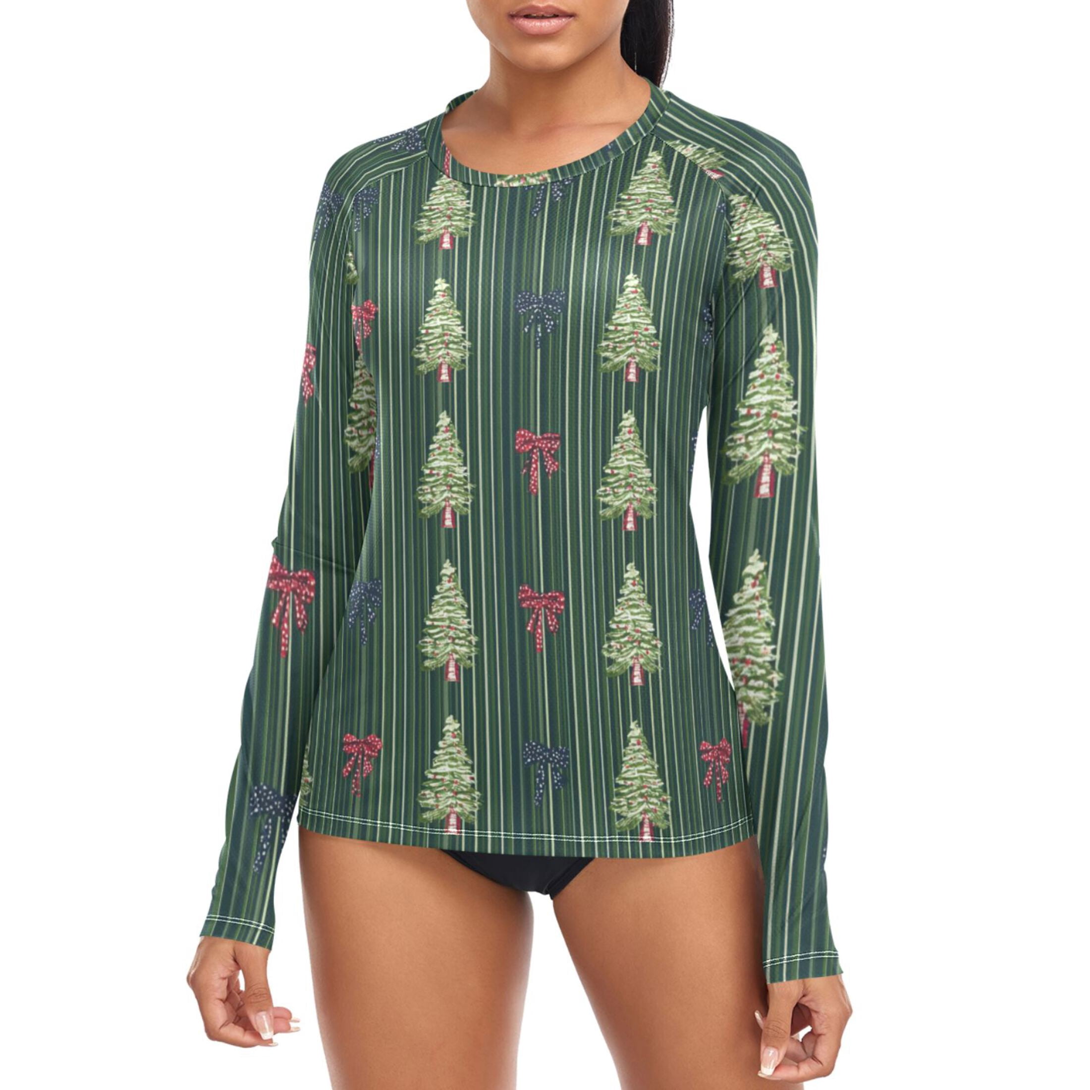 Blue Red Bows Christmas Trees Green Stripes Women's Rash Guard Shirts ...