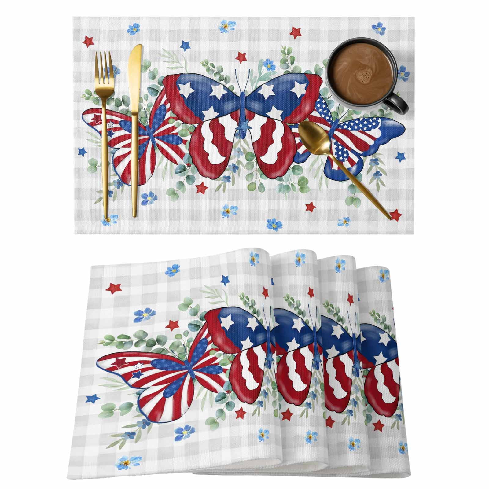 Blue Red Butterfly 4th of July Placemats Set of 8, Stars Independence ...