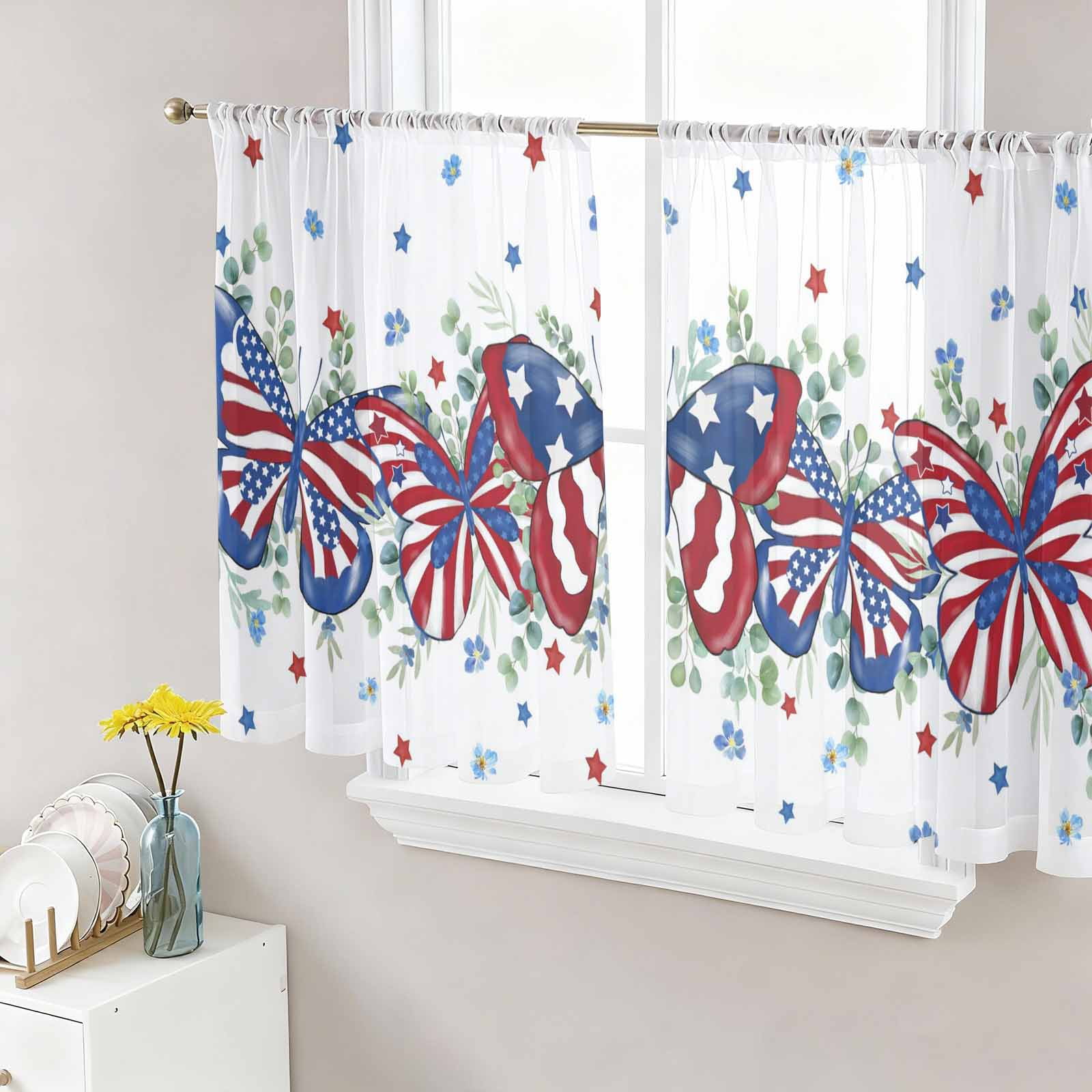 Blue Red Butterfly 4th of July Semi Sheer Curtains 54 Inch Length 2 ...