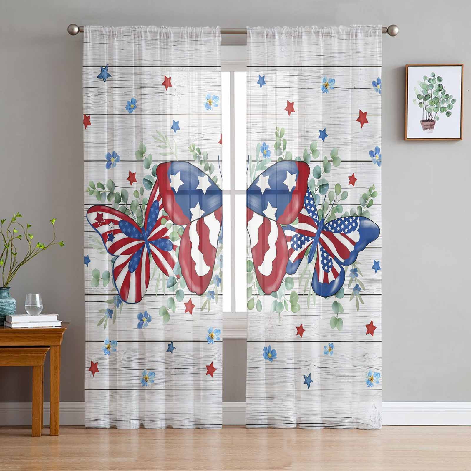 Blue Red Butterfly 4th of July Sheer Curtains 63 Inches Length 2 Panels ...