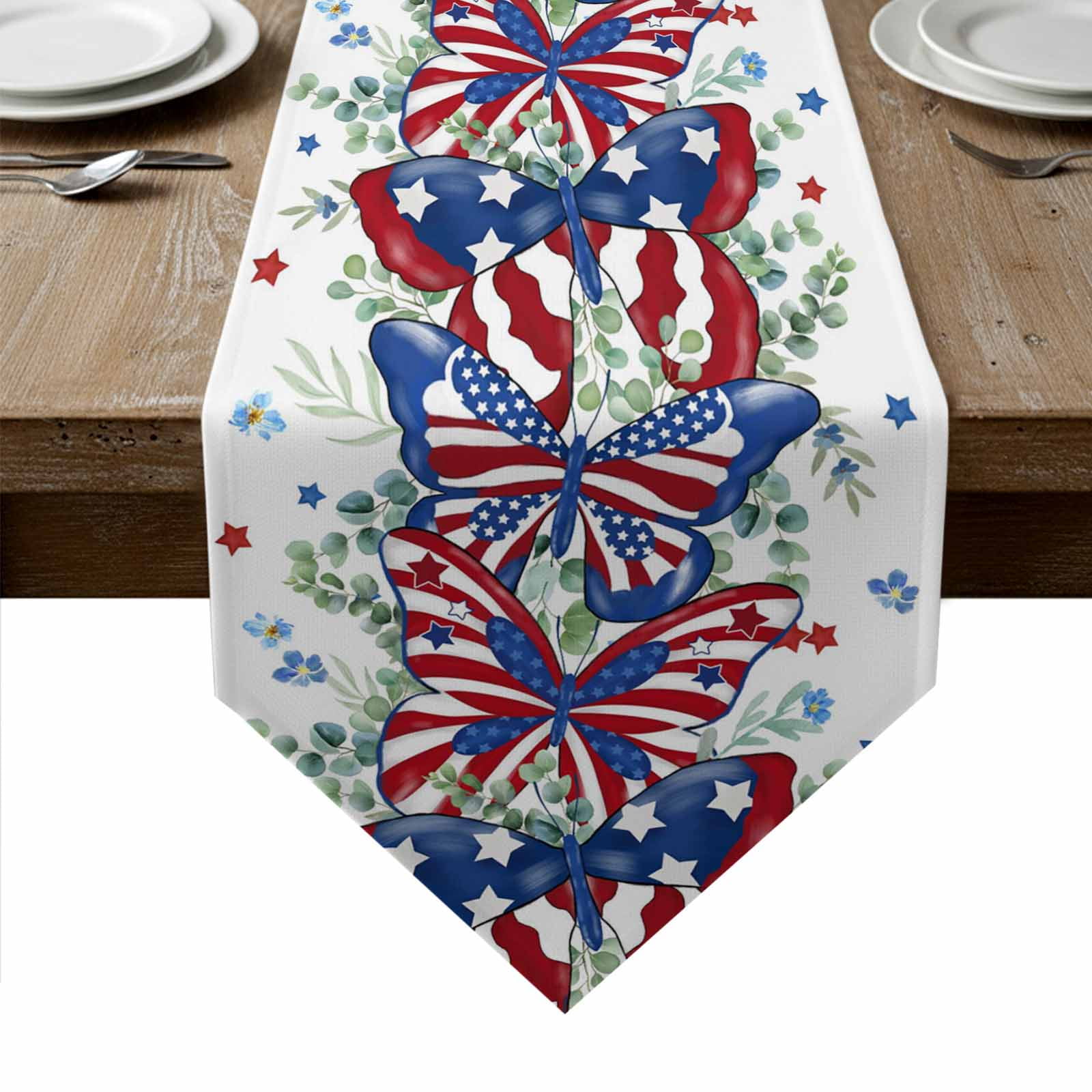 Blue Red Butterfly 4th of July Table Runner Linen Burlap Table Runner ...