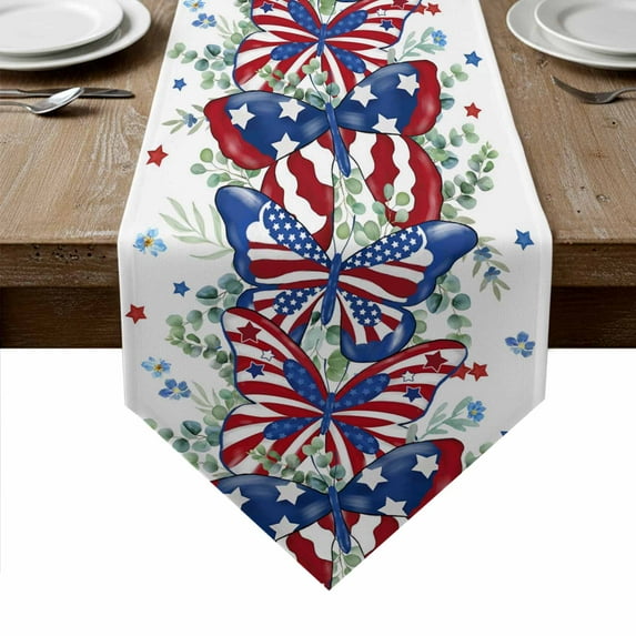 Blue Red Butterfly 4th of July Table Runner Linen Burlap Table Runner ...