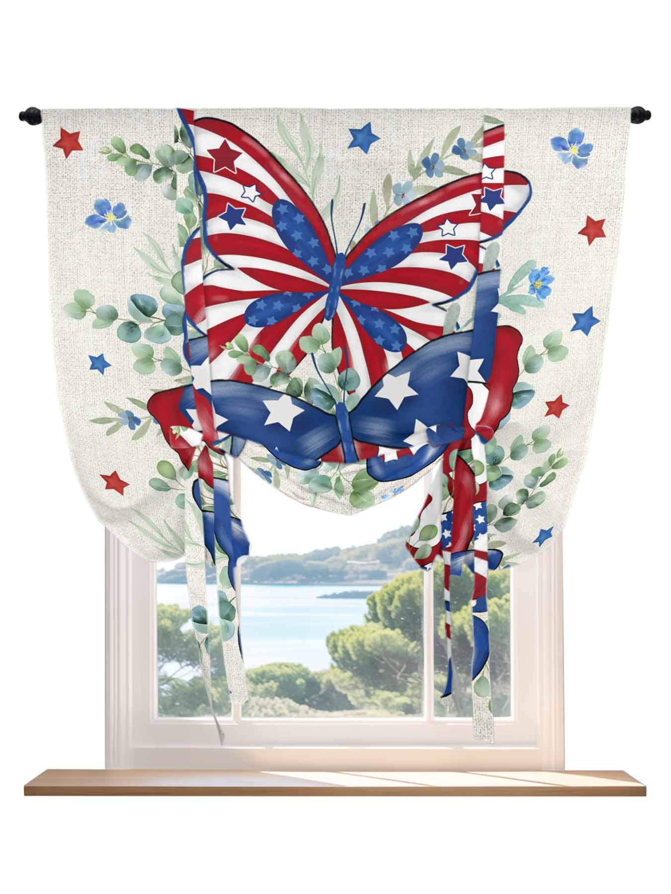 Blue Red Butterfly 4th of July Tie Up Curtains for Windows 63 Inch ...