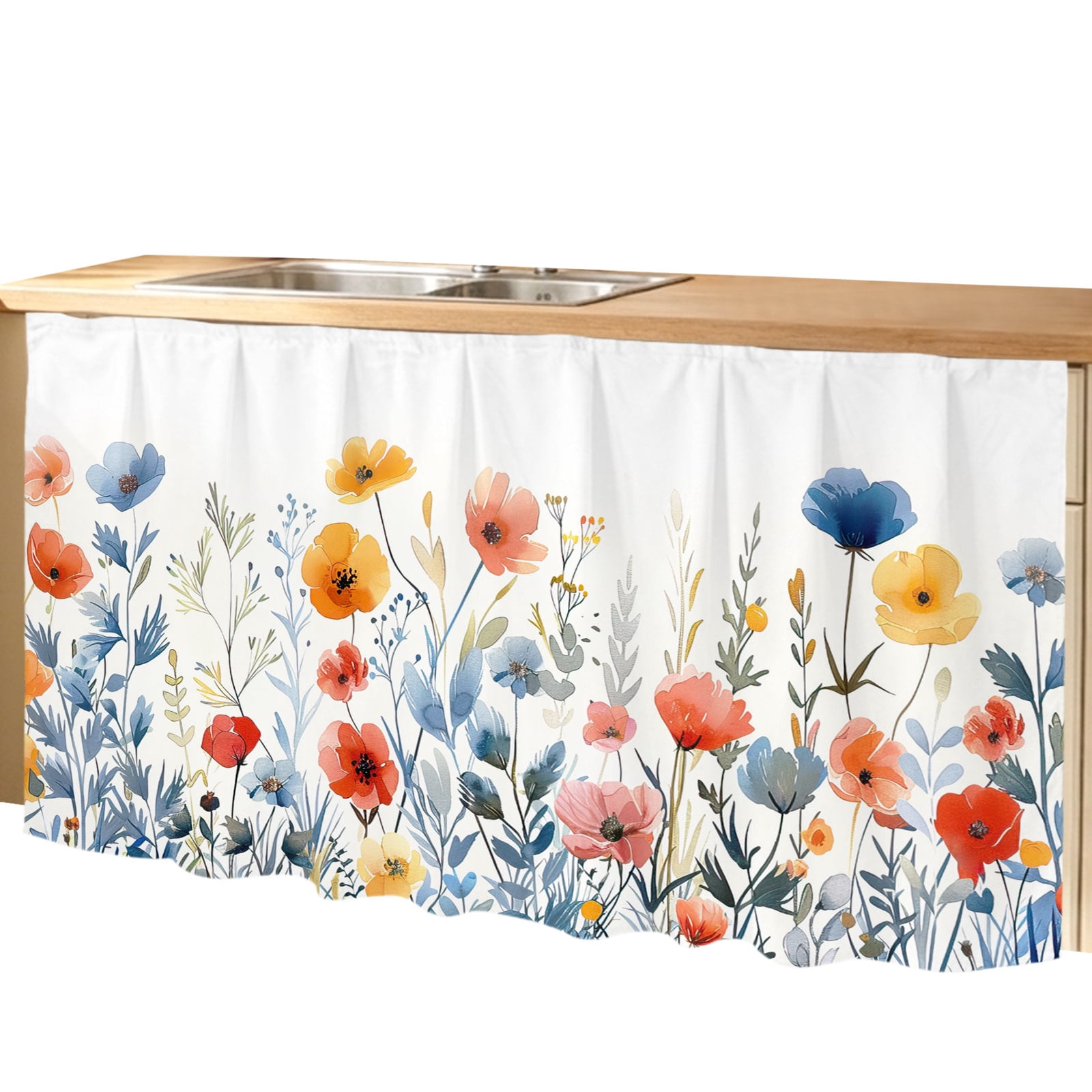 Blue Red Cabinet Curtains and Yellow Poppy Watercolor Floral Sink Skirt ...
