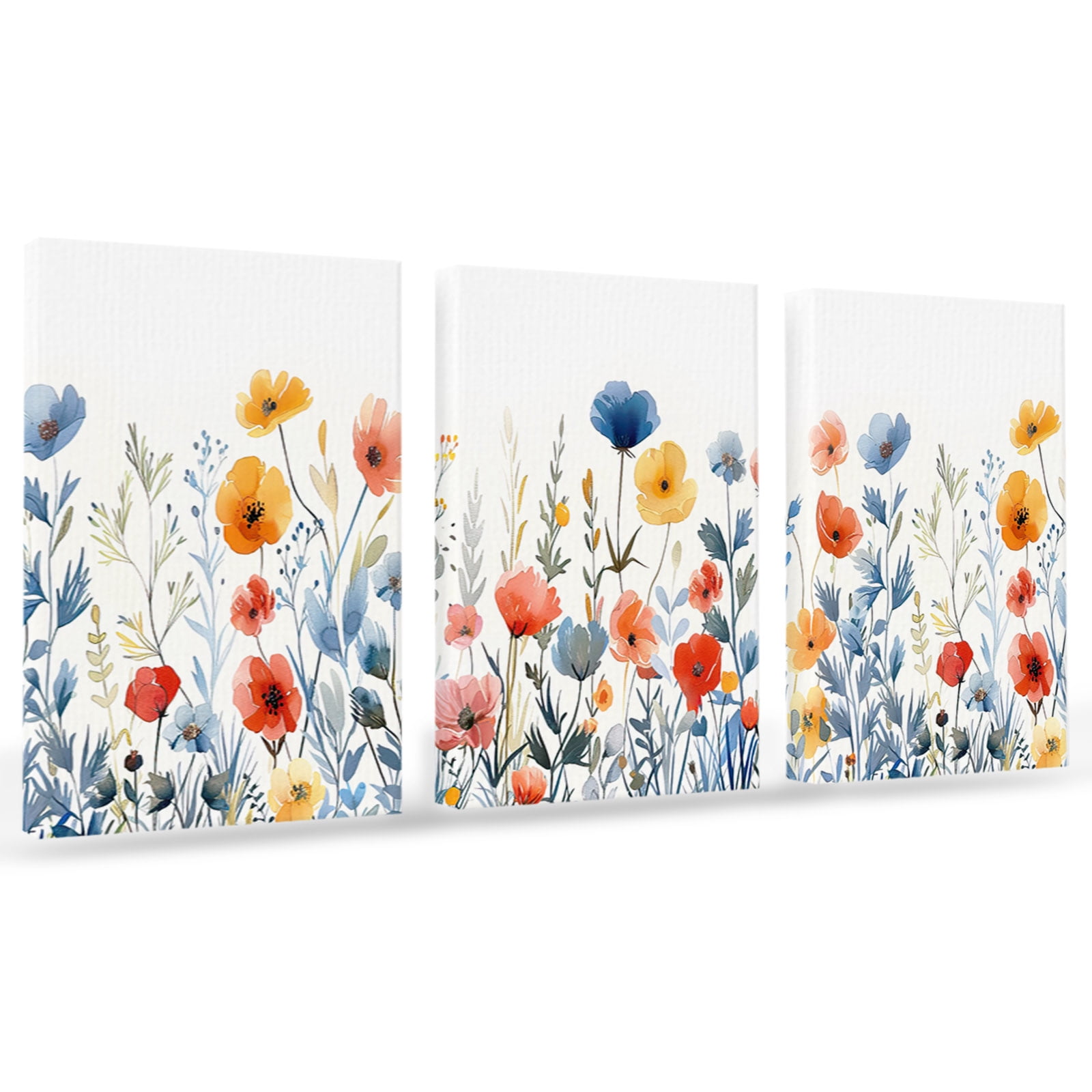Blue Red Canvas Wall Art 3 Panels, and Yellow Poppy Watercolor Floral ...