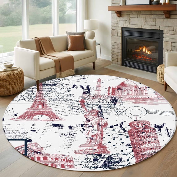 Blue Red City 6FT Round Area Rugs for Living Room Modern Red Blue ...