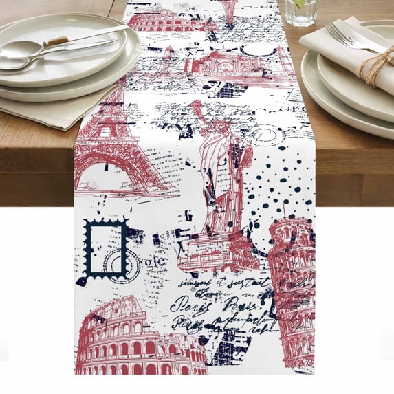 Blue Red City Cotton Linen Table Runner Modern Red Blue Architecture ...