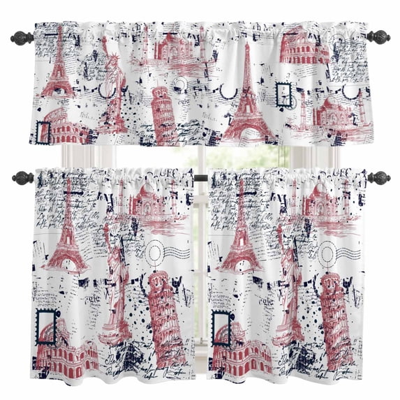 Blue Red City Kitchen Curtains Set for Windows, Modern Red Blue ...