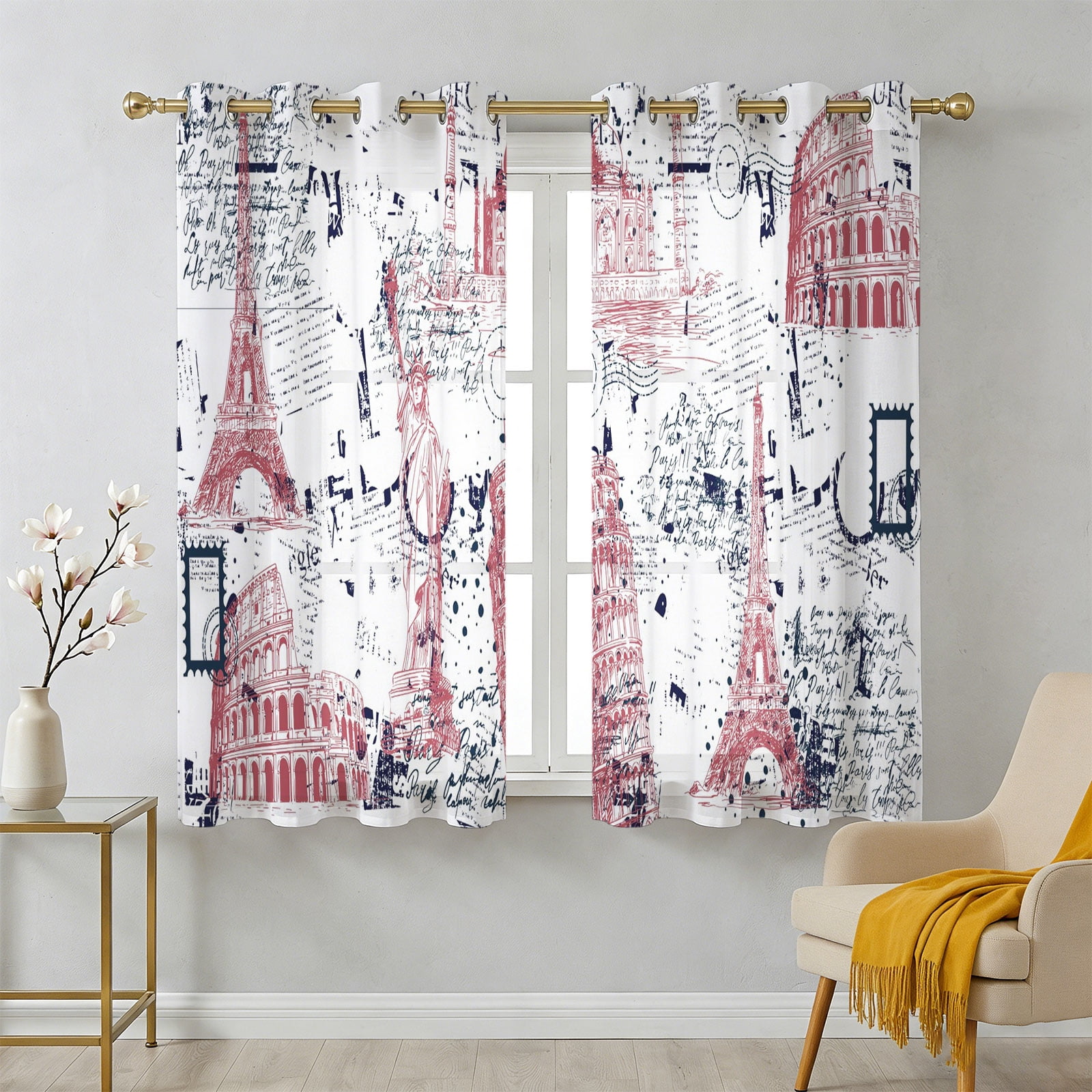 Blue Red City Sheer Curtains 45 Inch Long 2 Panels, Modern Red Blue ...