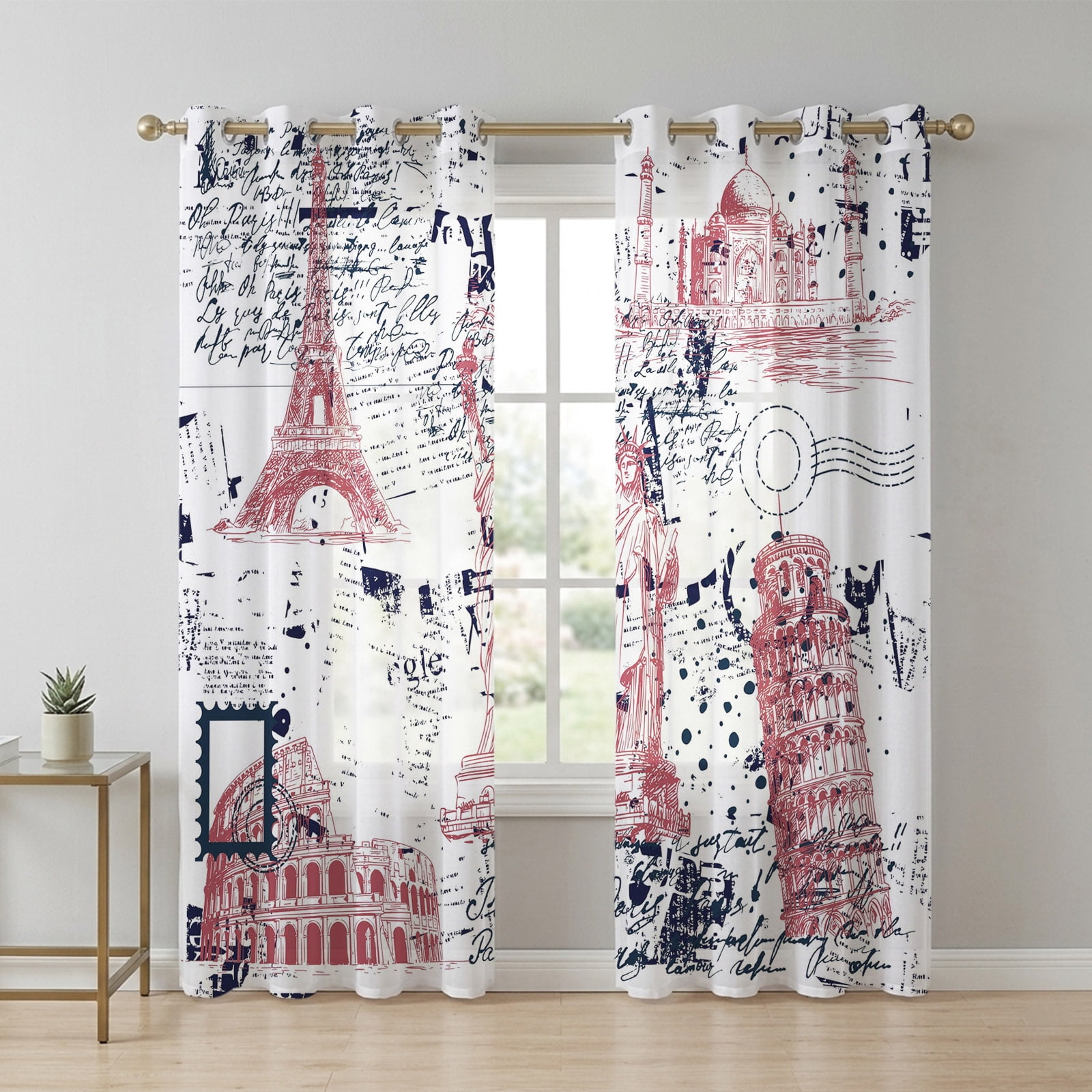 Blue Red City Sheer Curtains 63 Inch Long 2 Panels, Modern Red Blue ...