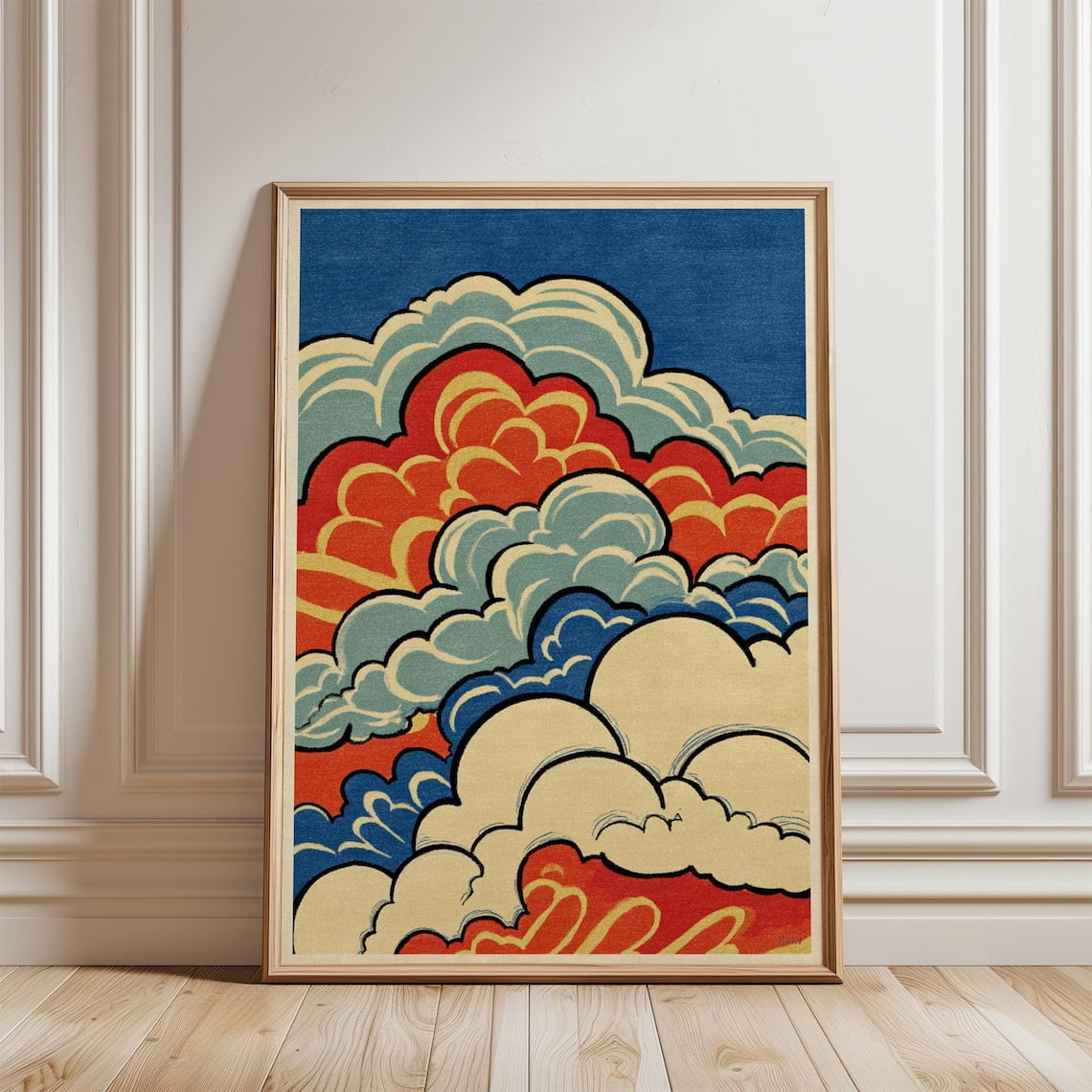 Blue Red Cloud Poster Stylised Swirling Sky Graphic Folk Line Art ...
