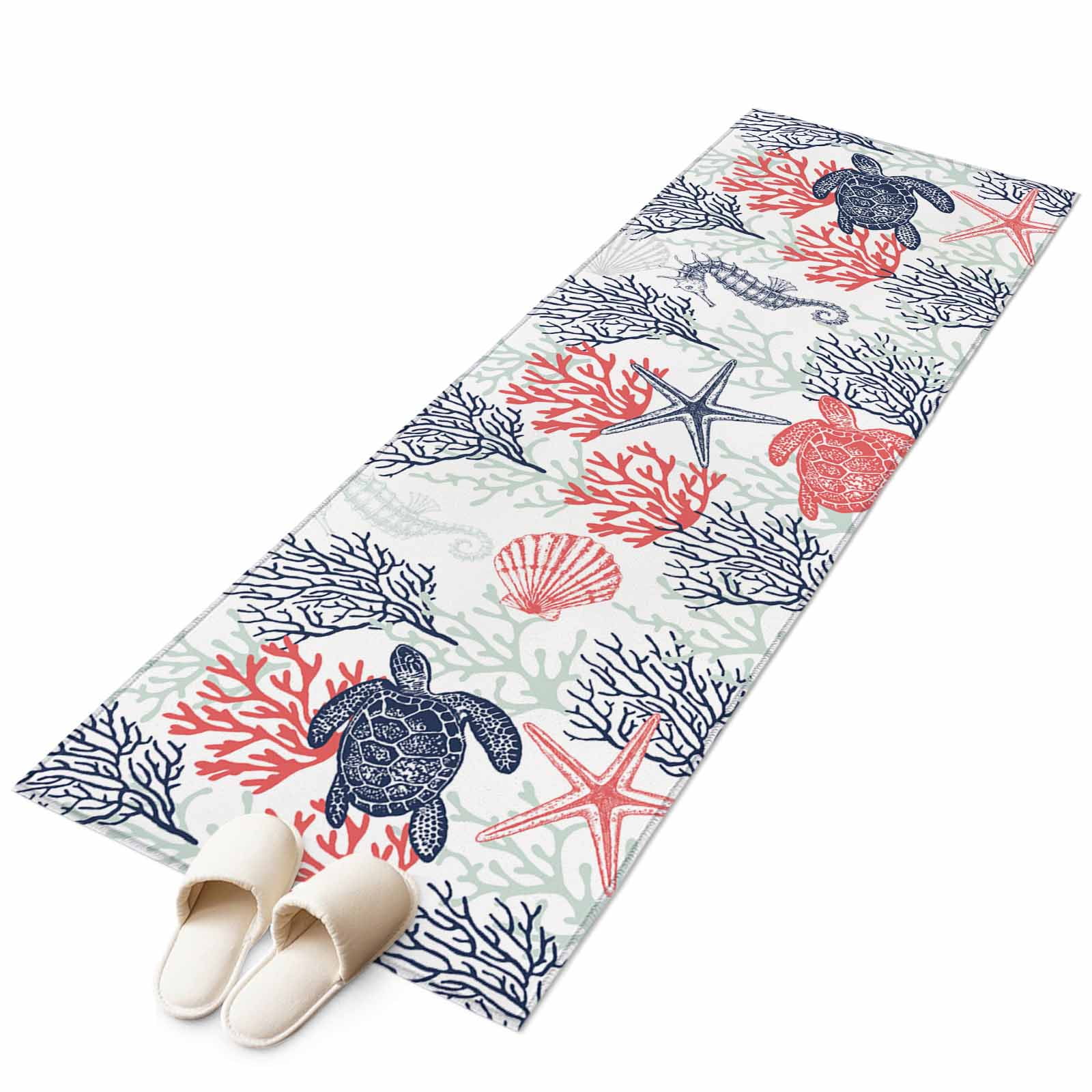 Blue Red Coastal 2'x6' Runner Rug, Sea Turtle Nautical Coral Summer ...