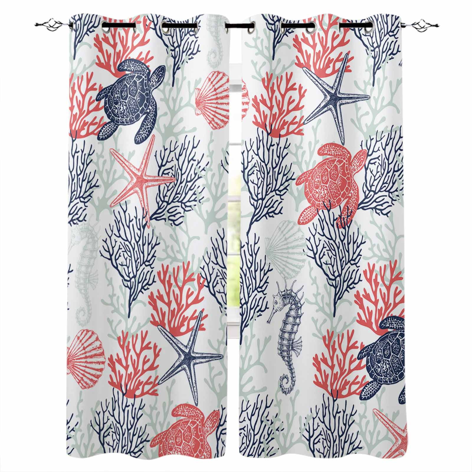 Blue Red Coastal Blackout Curtains 84 Inches Long, Sea Turtle Nautical ...