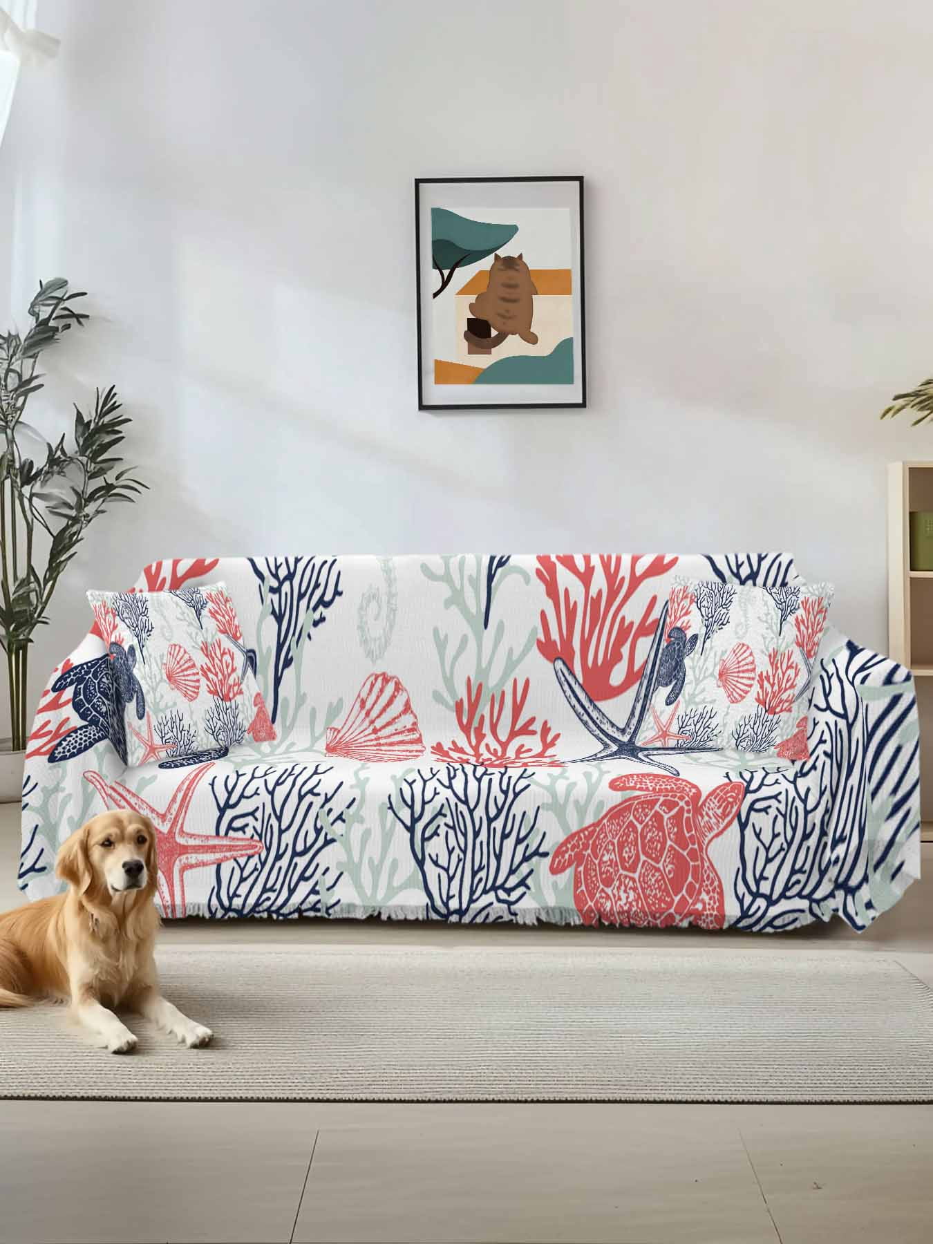 Blue Red Coastal Couch Cover for 2 Cushion Sofa, Sea Turtle Nautical ...