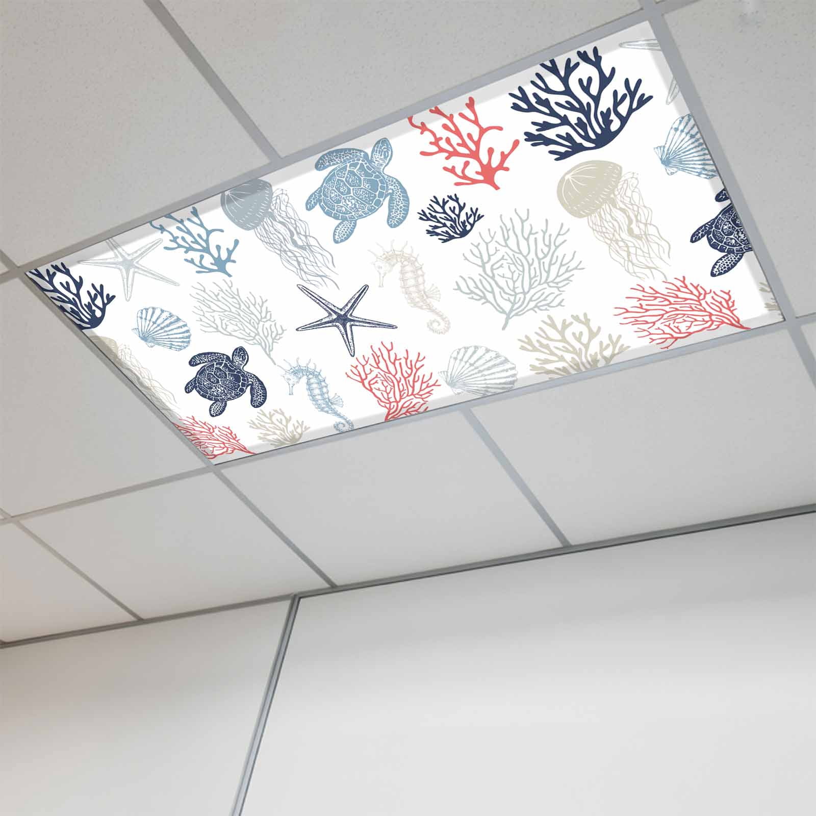 Blue Red Coastal Fluorescent Light Covers, Nautical Summer Beach Coral ...