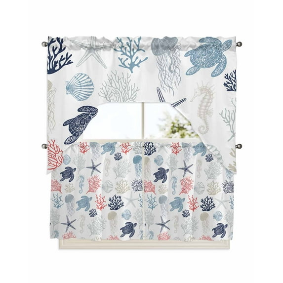 Blue Red Coastal Kitchen Curtain and Valance Set 3 Pieces,Rod Pocket ...