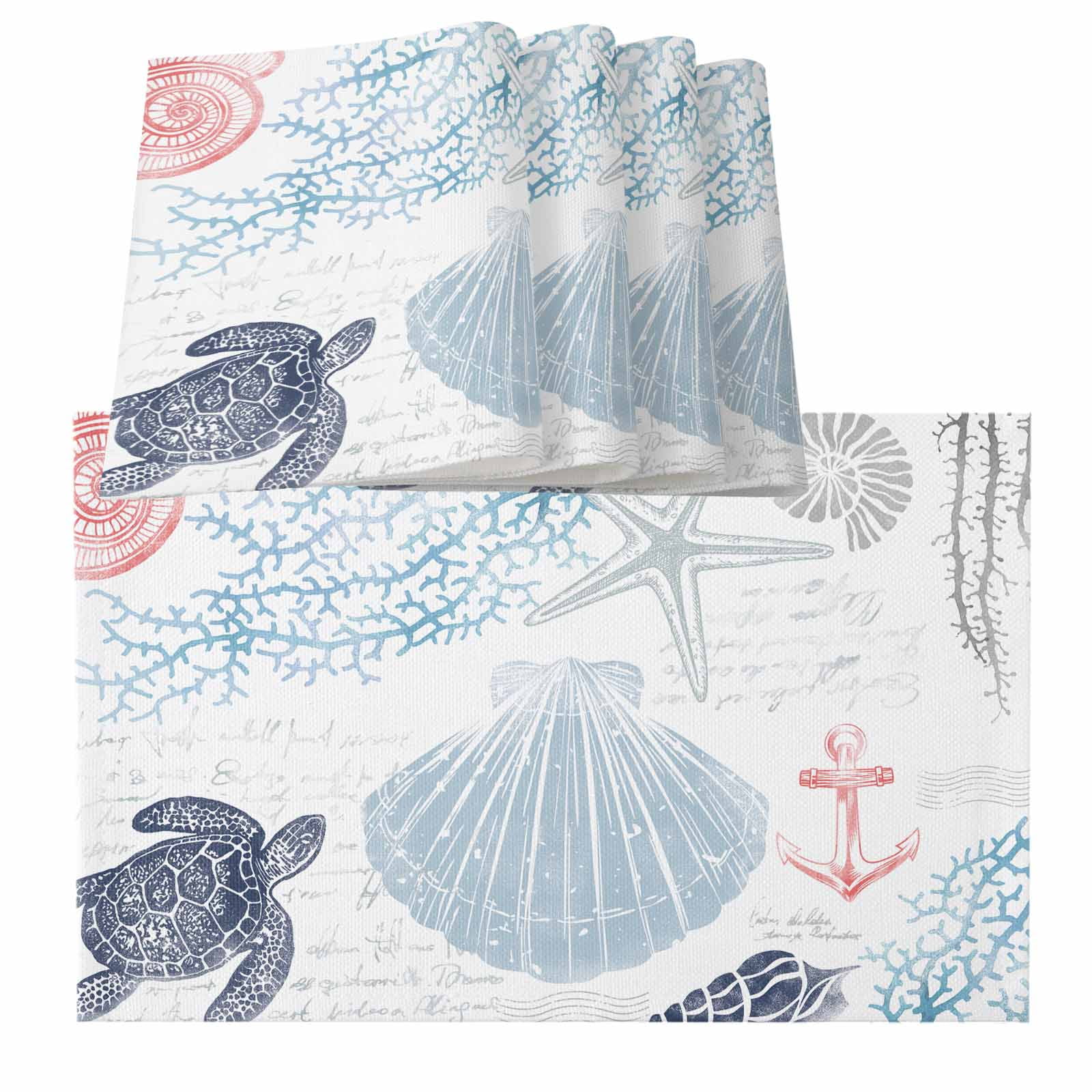 Blue Red Coastal Nautical Beach Sea Turtle Ocean Coral Starfish Burlap ...