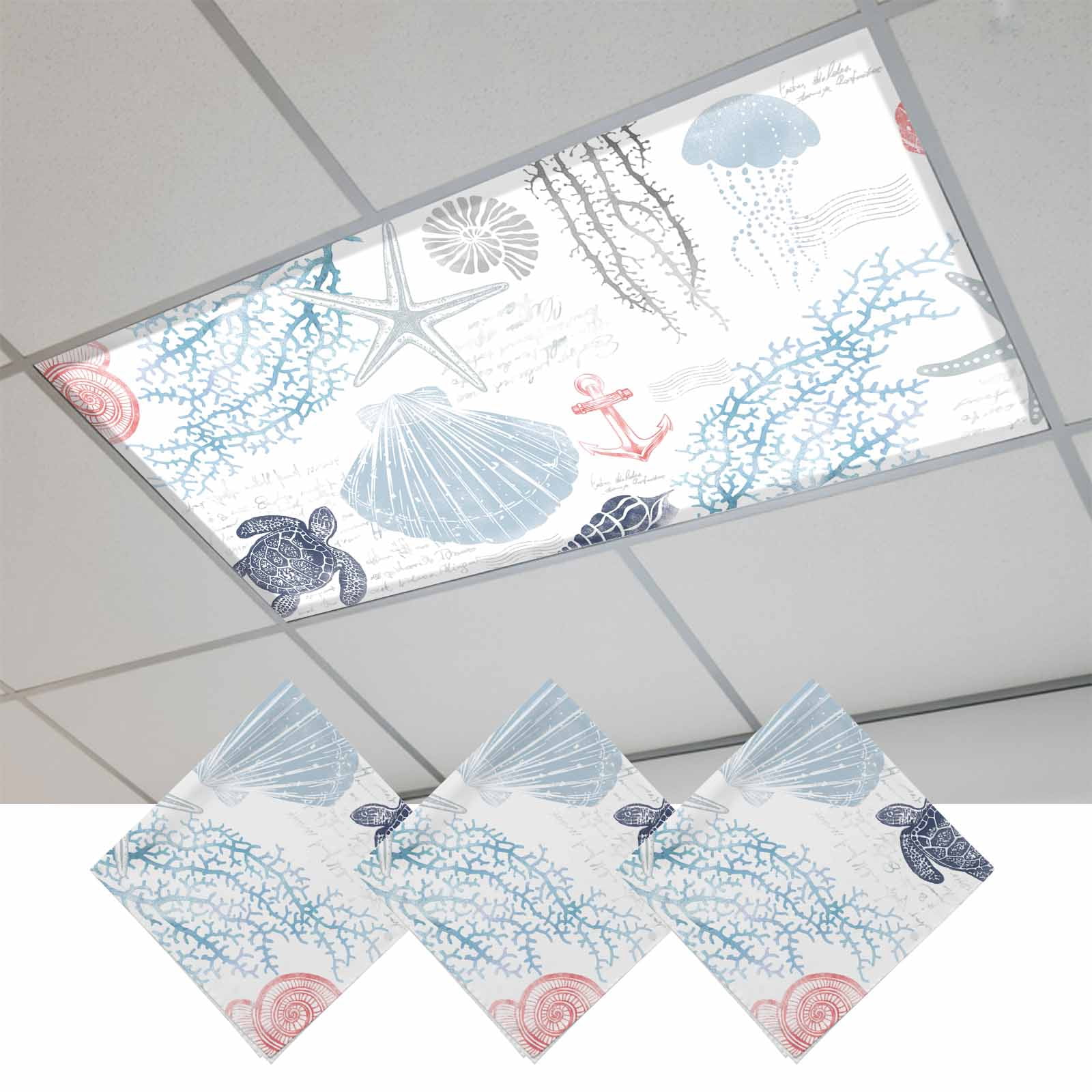 Blue Red Coastal Nautical Fluorescent Light Covers, Beach Sea Turtle ...