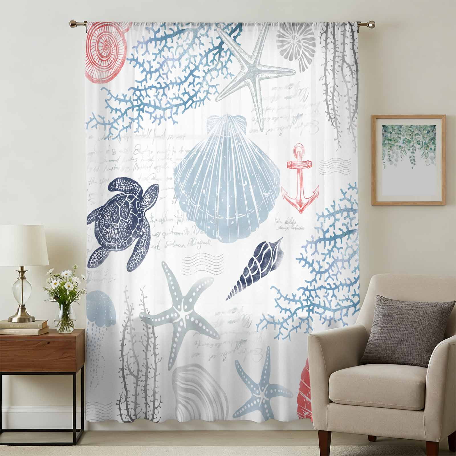 Blue Red Coastal Nautical Sheer Curtains 96" Long, Beach Sea Turtle ...