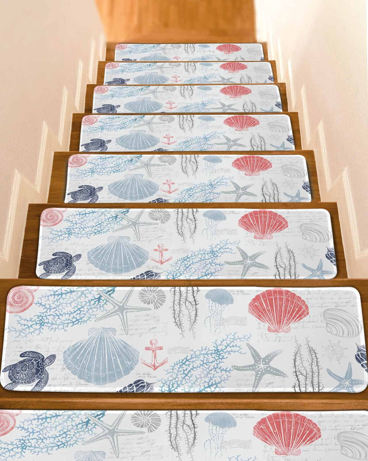 Blue Red Coastal Nautical Stair Treads for Wooden Steps Indoor Runner ...