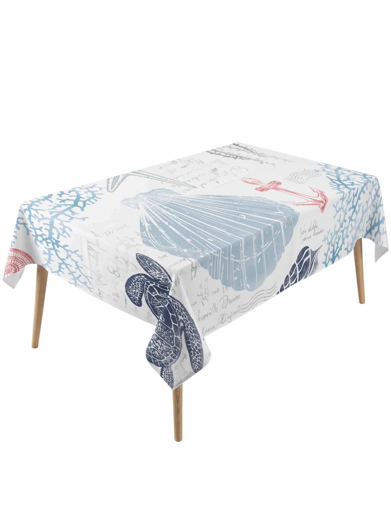 Blue Red Coastal Nautical Table Cloth, Beach Sea Turtle Ocean Coral ...