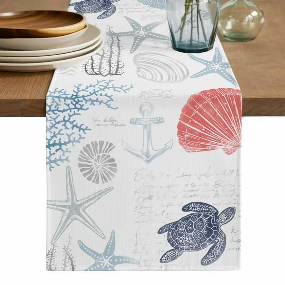 Blue Red Coastal Nautical Table Runner, Beach Sea Turtle Ocean Coral ...
