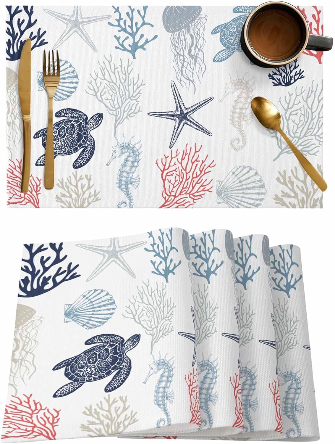 Blue Red Coastal Placemats Set of 4, Nautical Summer Beach Placemats ...