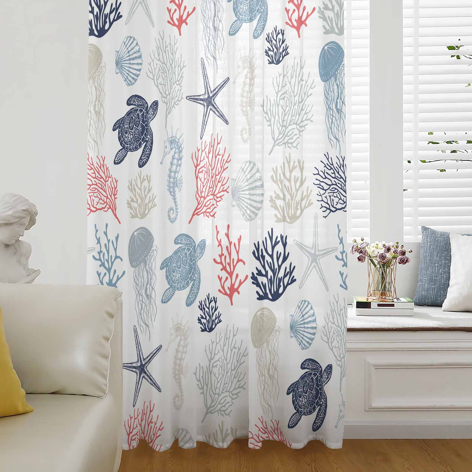 Blue Red Coastal Sheer Curtains 45 Inch Length, Light Filtering Voile ...