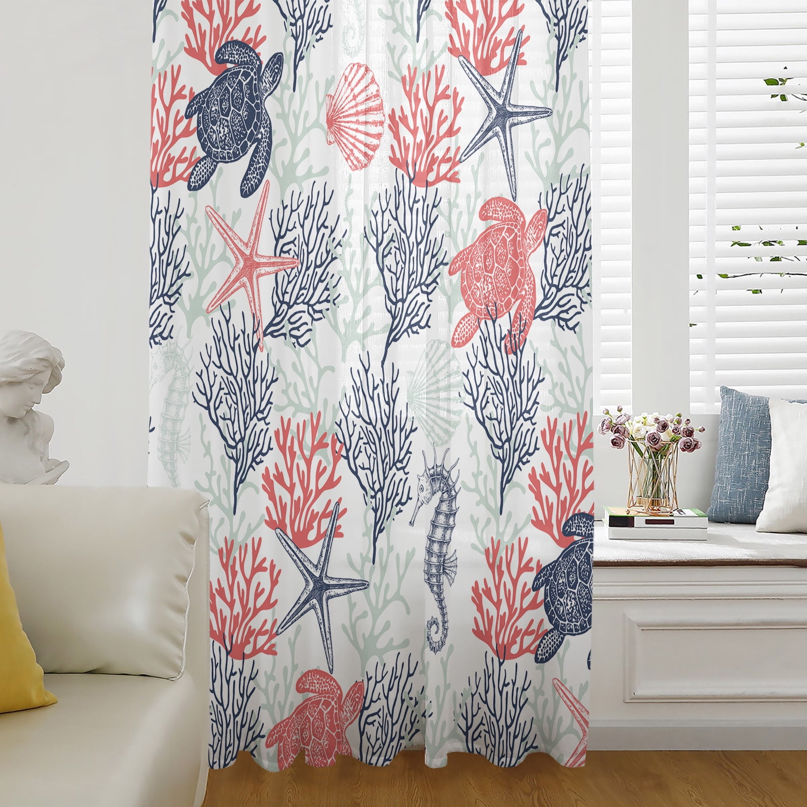 Blue Red Coastal Sheer Curtains 54 Inch Length, Light Filtering Voile ...