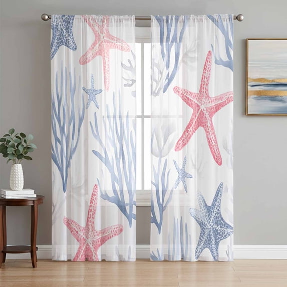 Blue Red Coastal Sheer Curtains 84 Inch Length 2 Panels Set, Summer ...