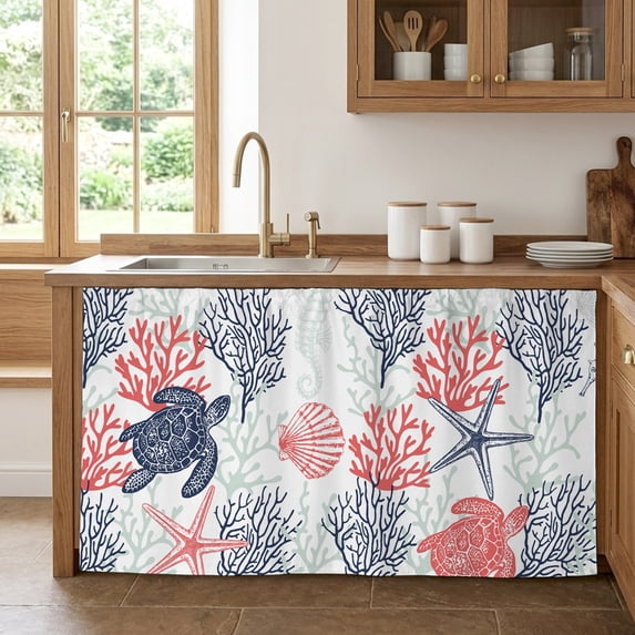 Blue Red Coastal Sink Skirt Curtain 32''x55'',Sea Turtle Nautical Coral ...