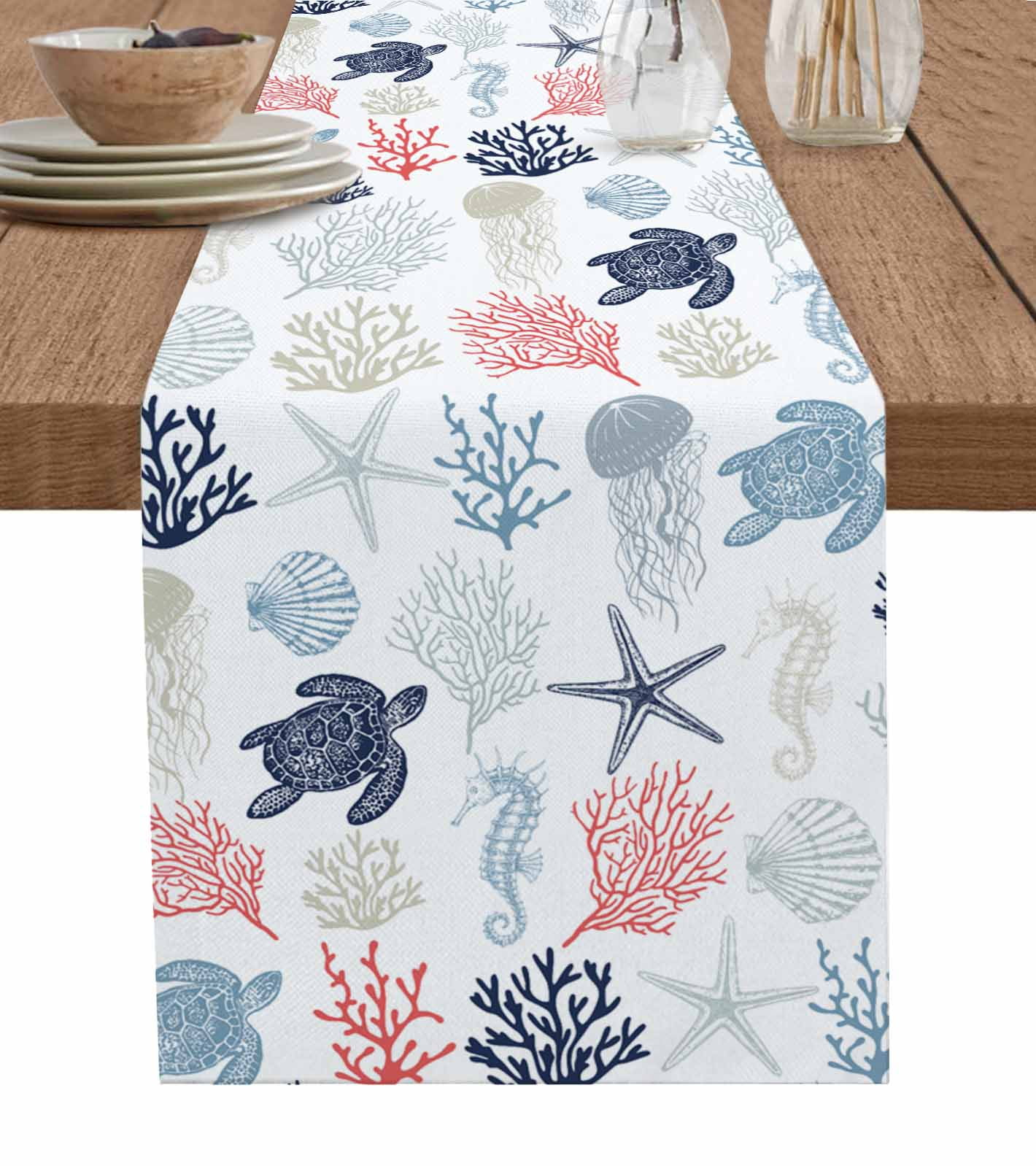Blue Red Coastal Table Runner Nautical Summer Beach Coral Sea Turtle ...