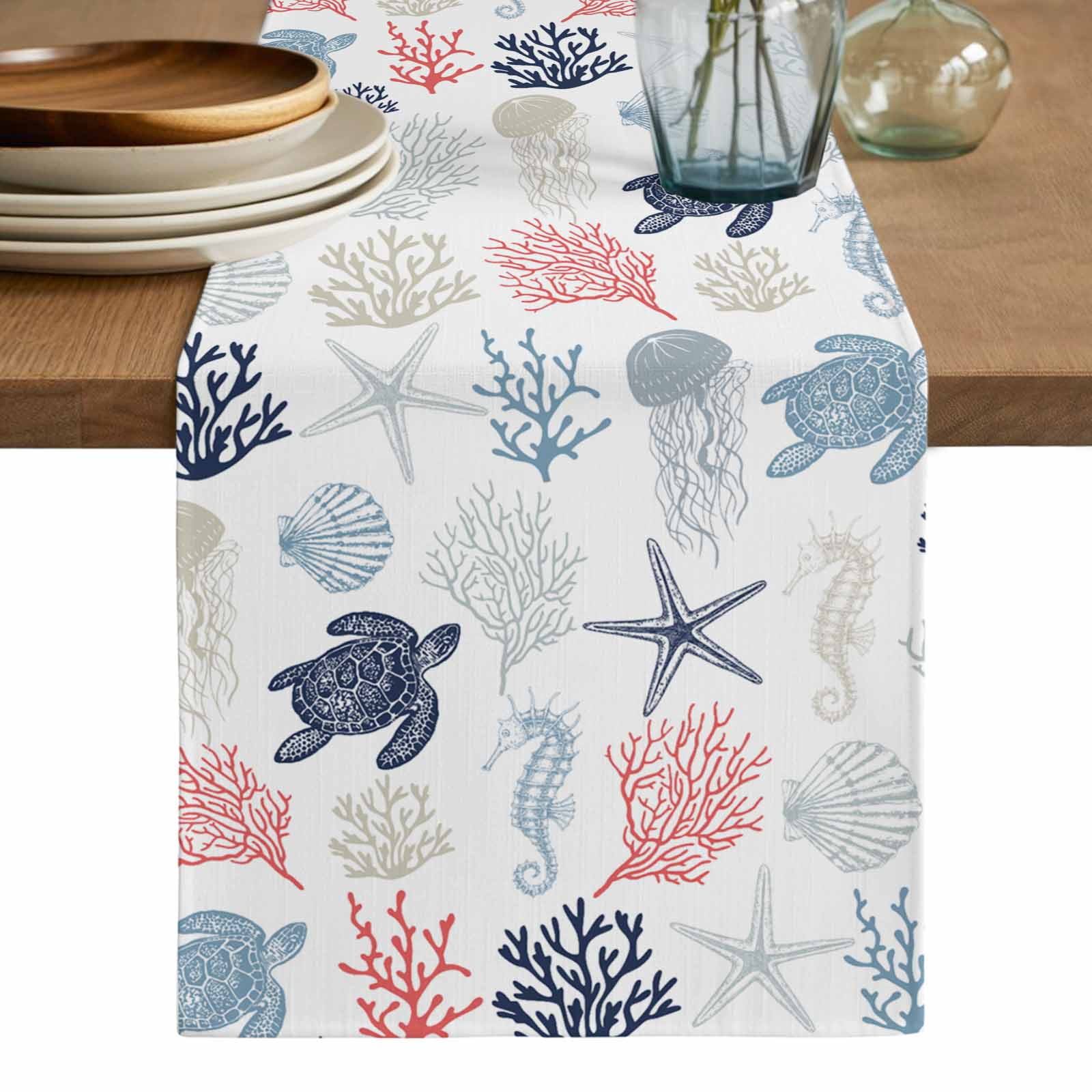 Blue Red Coastal Table Runner, Nautical Summer Beach Coral Sea Turtle ...