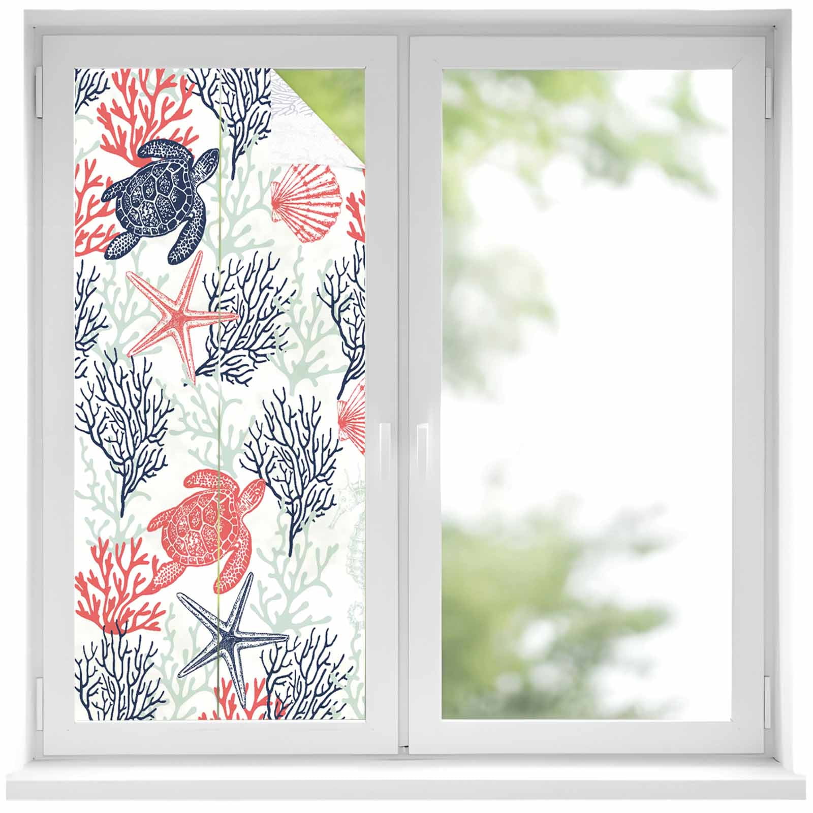 Blue Red Coastal Window Privacy Film, Sea Turtle Nautical Coral Summer ...