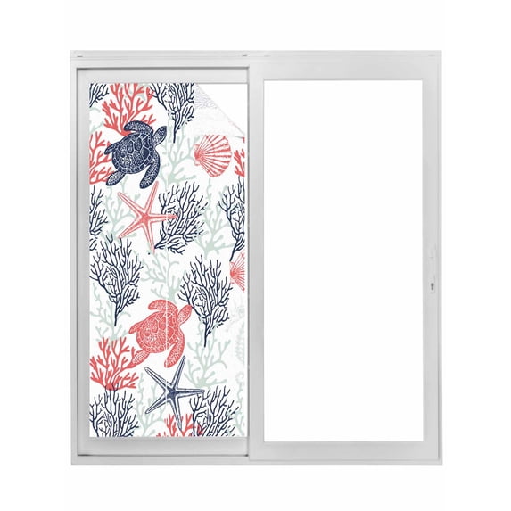 Blue Red Coastal Window Privacy Film, Sea Turtle Nautical Coral Summer ...