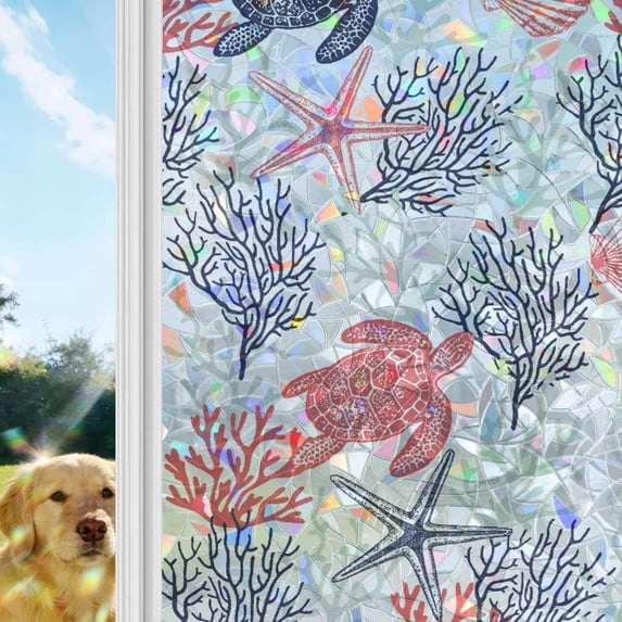 Blue Red Coastal Window Privacy Film Stain Glass,Reusable Decorative ...