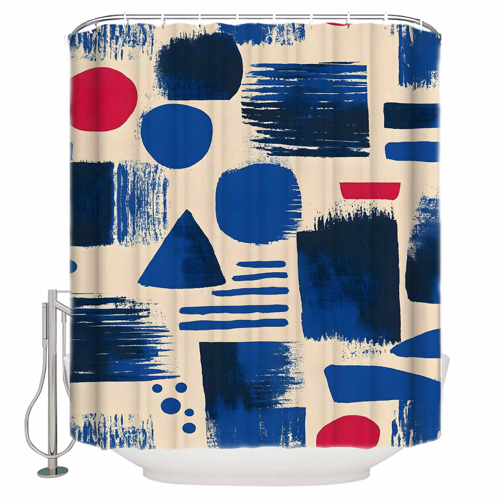 Blue Red Color Block Bathroom Shower Curtains with 12 Hooks Polyester ...