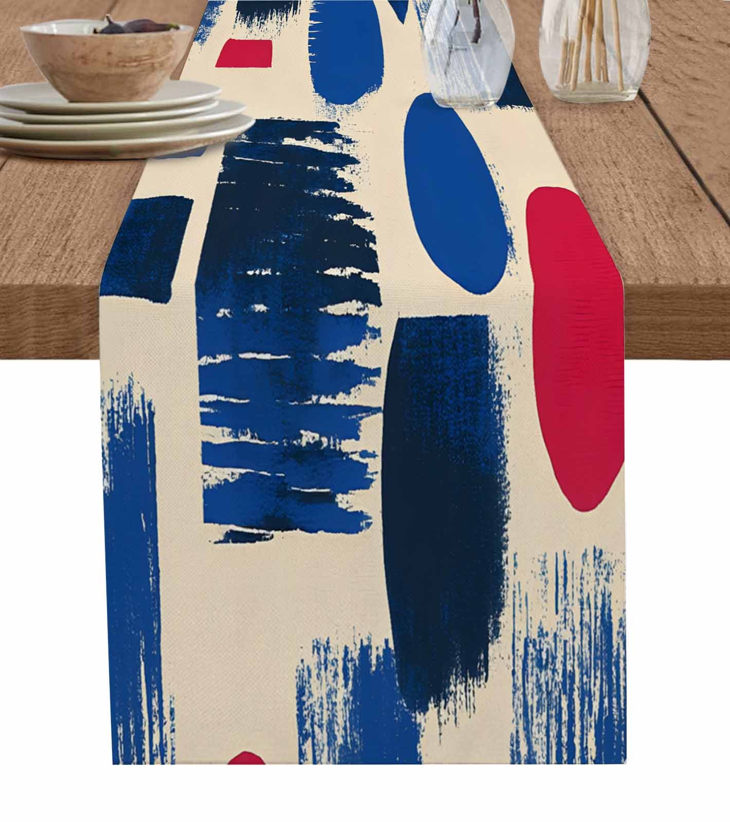 Blue Red Color Block Burlap Cotton Table Runner 13x90 Inches Long ...
