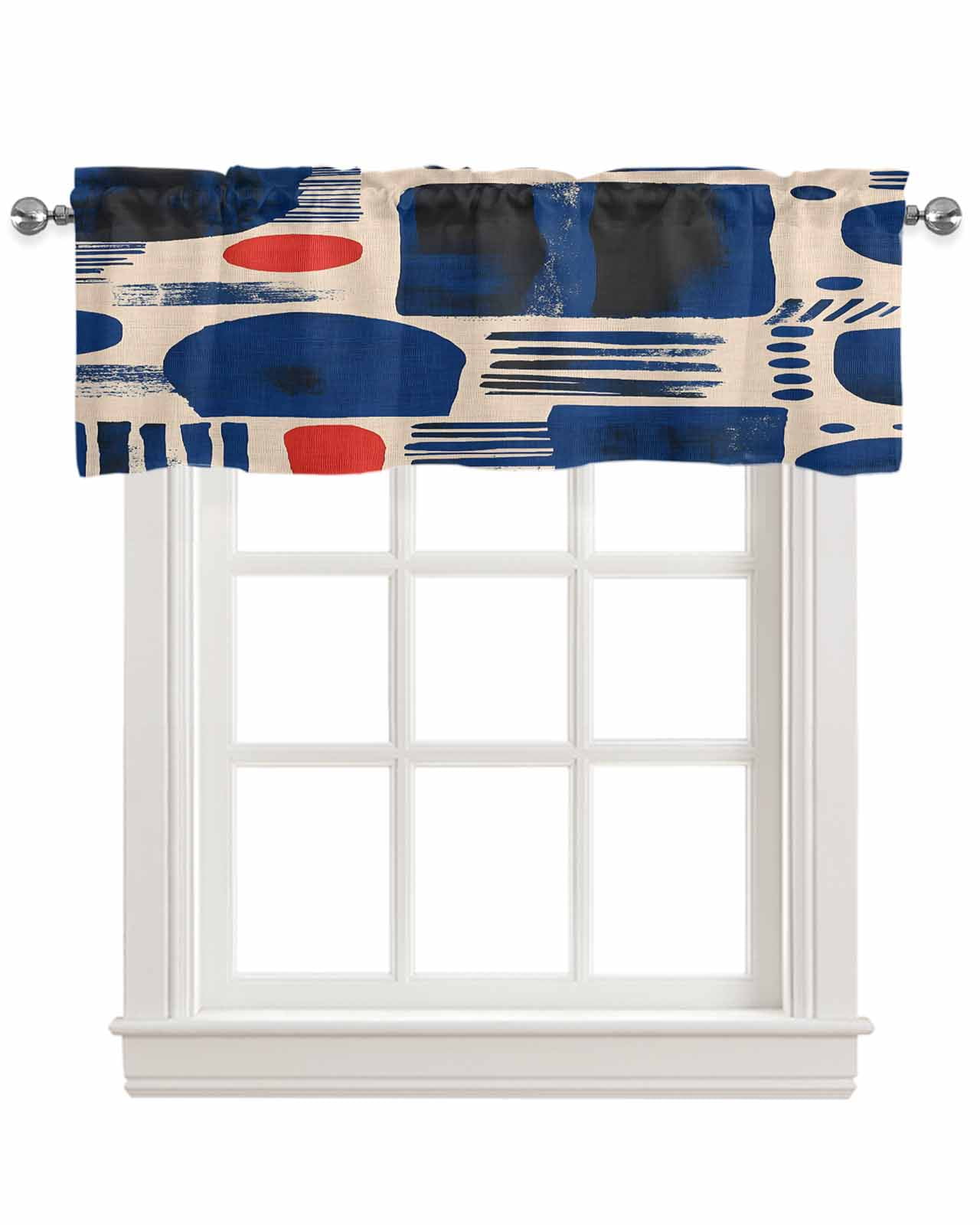 Blue Red Color Block Kitchen Valances for Windows Farmhouse Linen ...