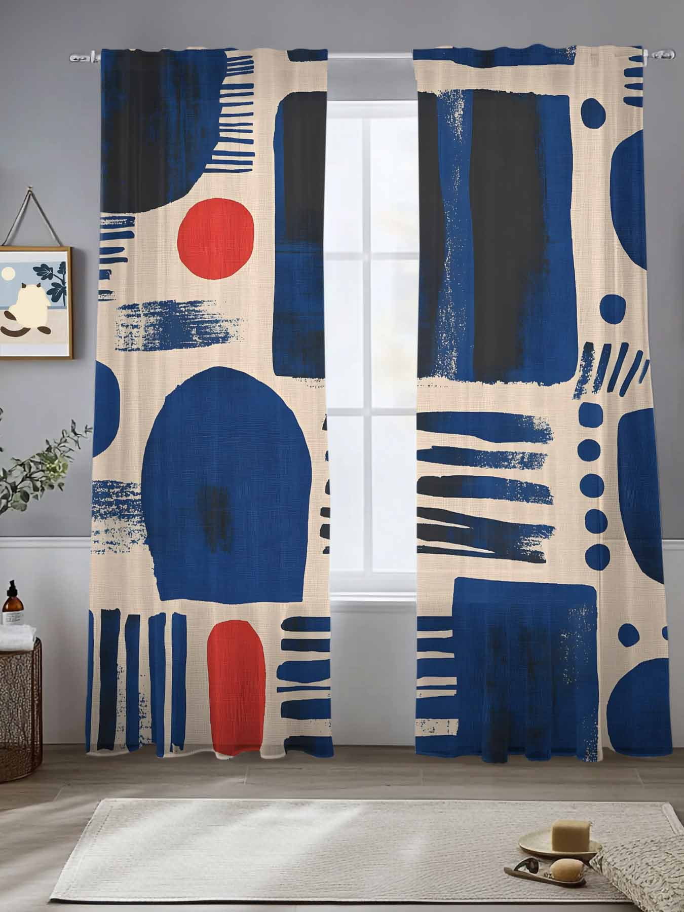 Blue Red Color Block Sheer Curtains for Living Room Bedroom Modern ...