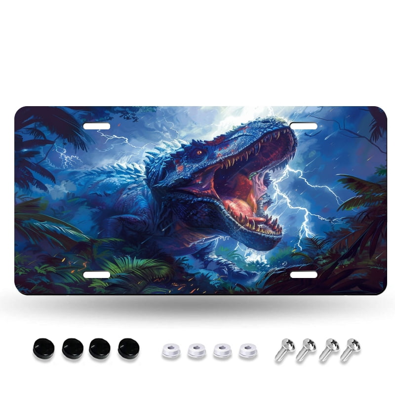 Blue and Red-Colored Dinosaur Roaring in The Jungle License Plate Frame ...