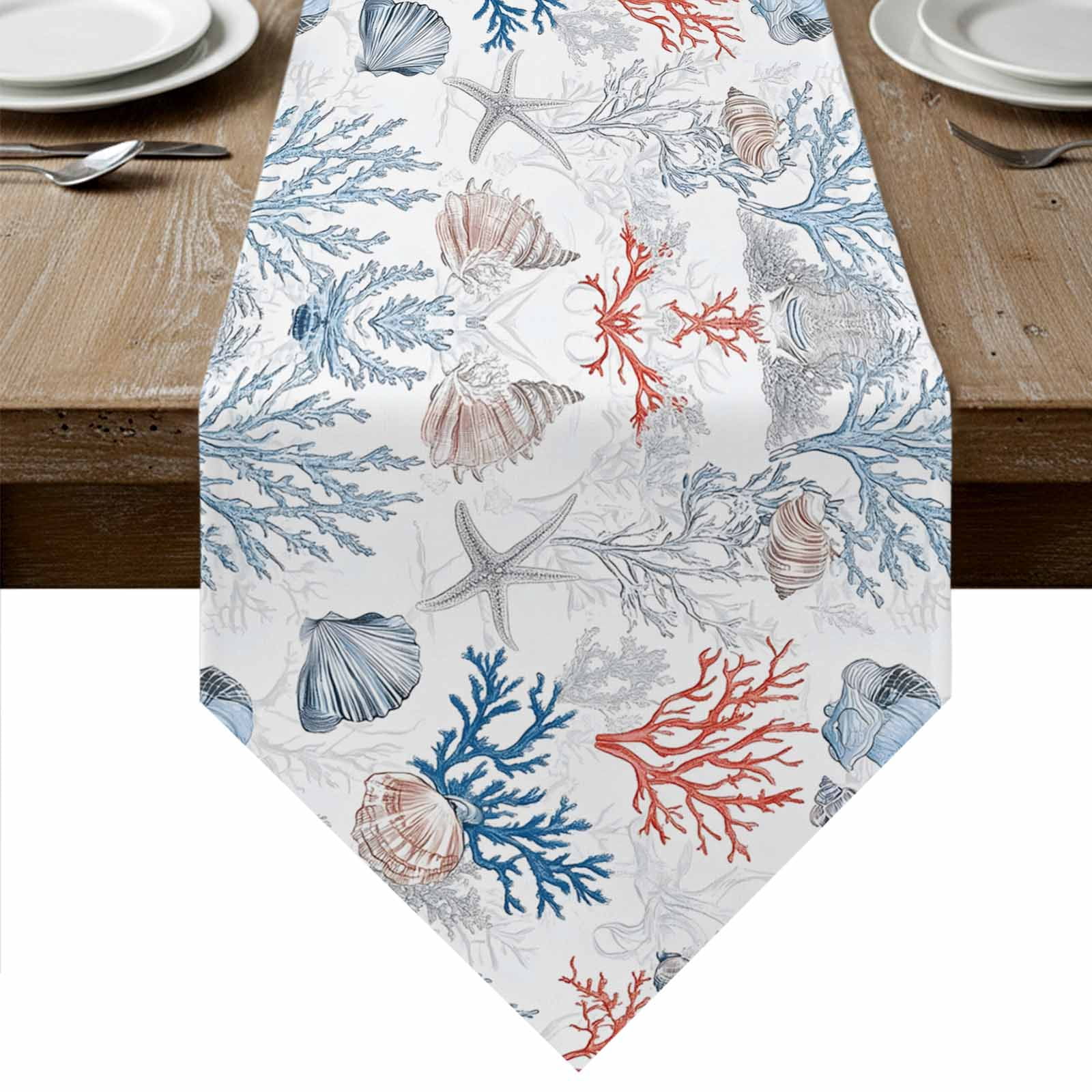 Blue Red Coral Table Runner Linen Burlap Table Runner 70 Inches Long ...